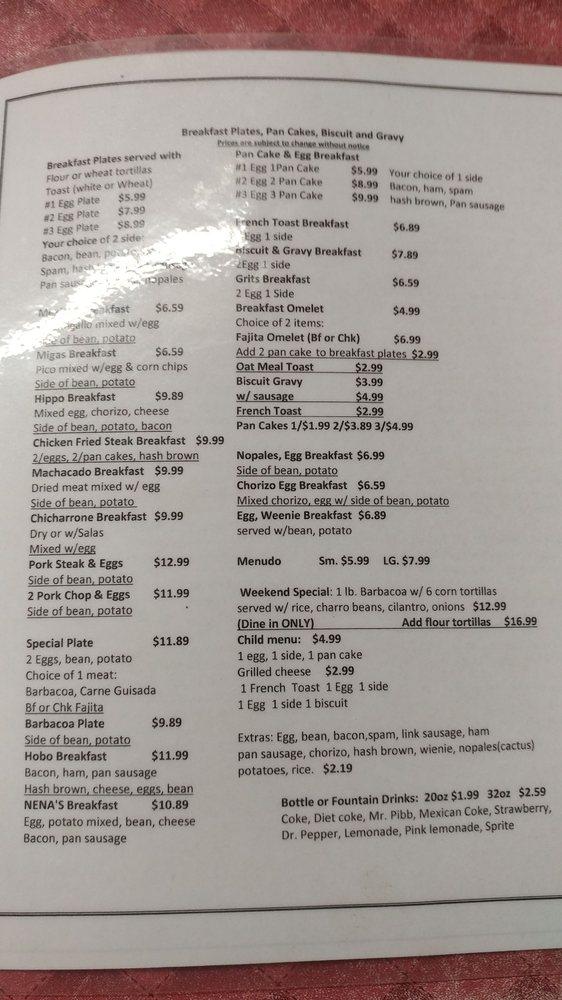 Menu at Nena's Mexican Restaurant, Clute