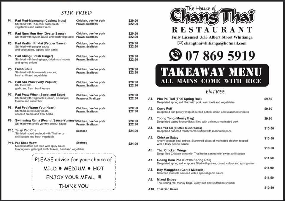 Menu at The House of Chang Thai restaurant, Whitianga