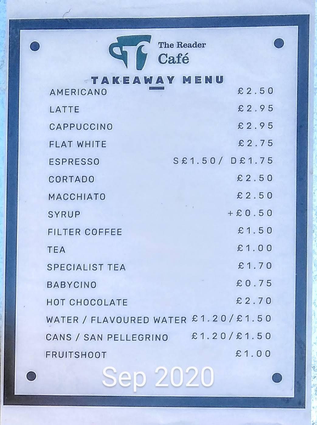 Menu at The Reader Cafe, Liverpool