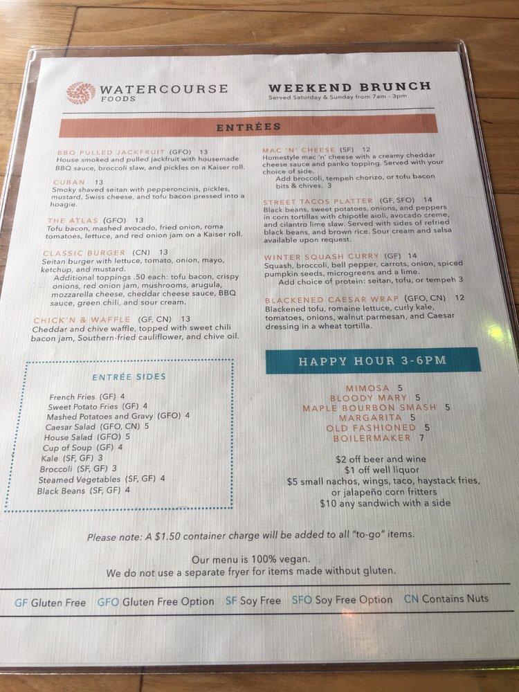 Menu at Watercourse Foods restaurant, Denver, 837 E 17th Ave
