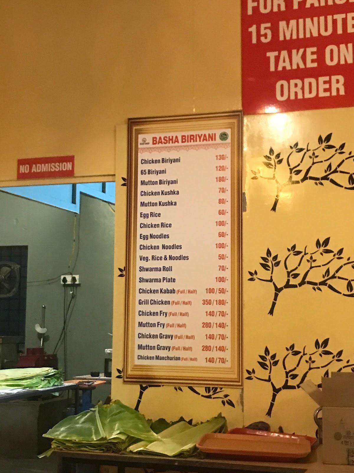 Menu at BASHA BAHI BIRIYANI, Hosur