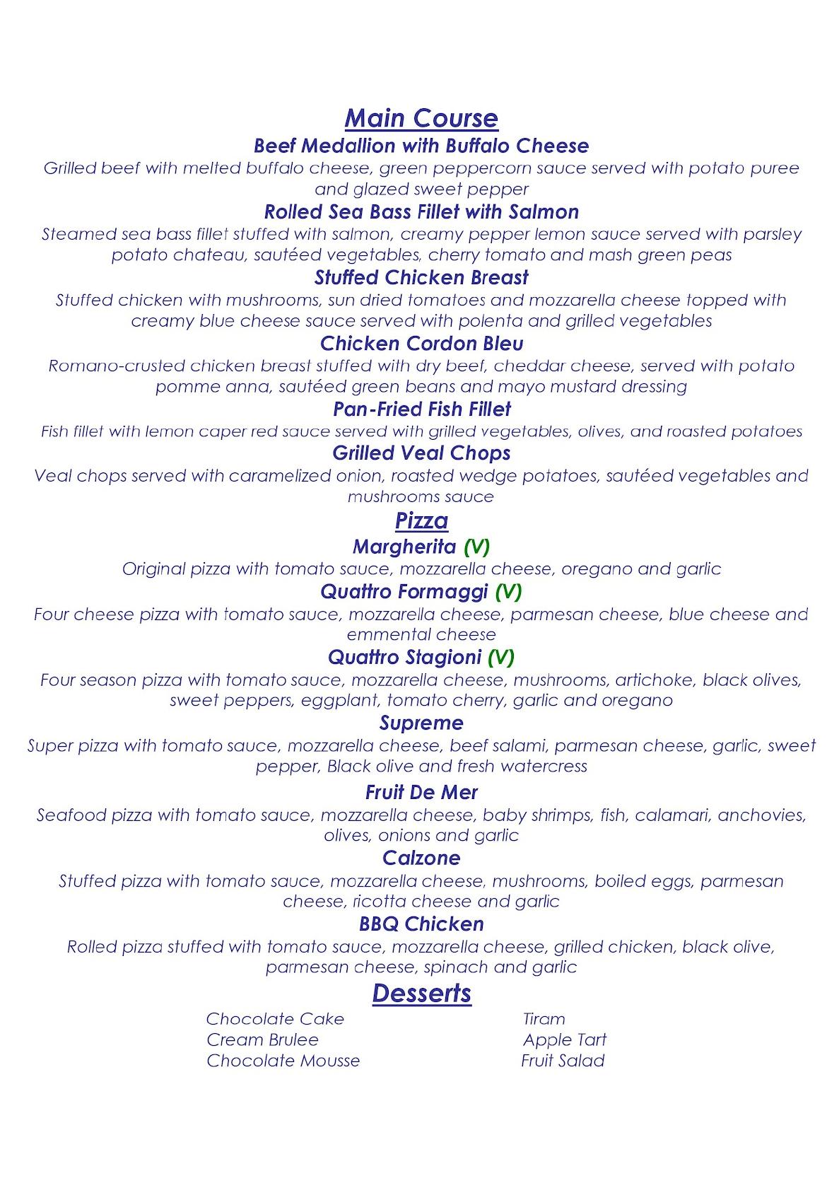 Menu at Casa Mia restaurant, Sharm El-Sheikh