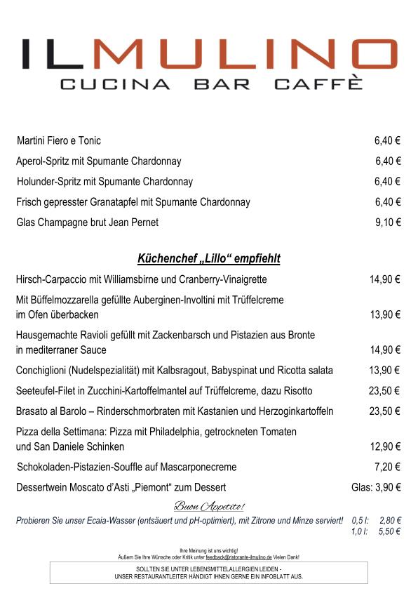 Menu at Il Mulino restaurant, Munich