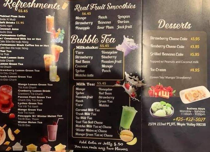 Menu at Pho Binh Minh restaurant, Maple Valley