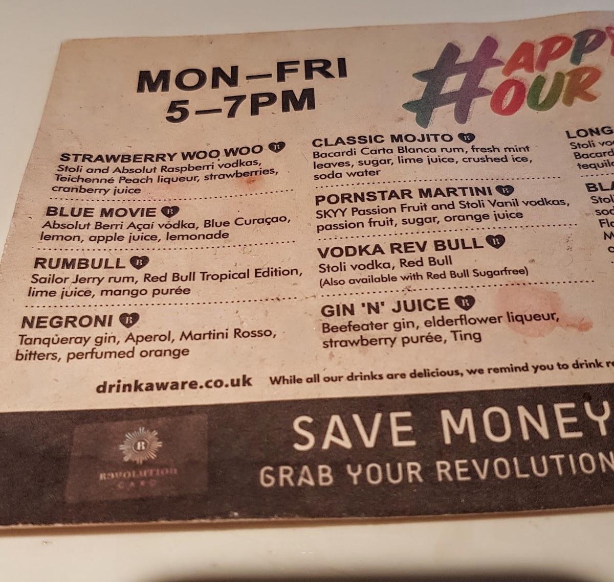 Menu at Revolution Leeds - Electric Press pub & bar, Leeds, 41 Cookridge St