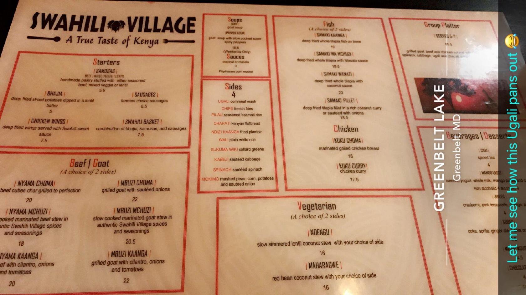 Menu at Swahili Village Bar & Restaurant, Beltsville, Rhode Island Ave ...