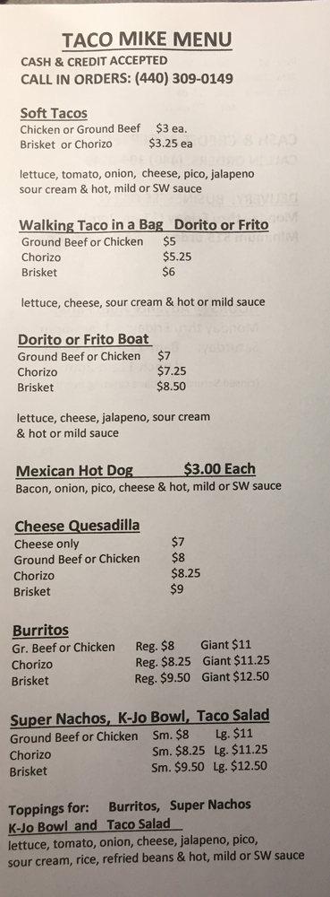 Menu at Taco Mike Food Truck, Elyria, E Broad St