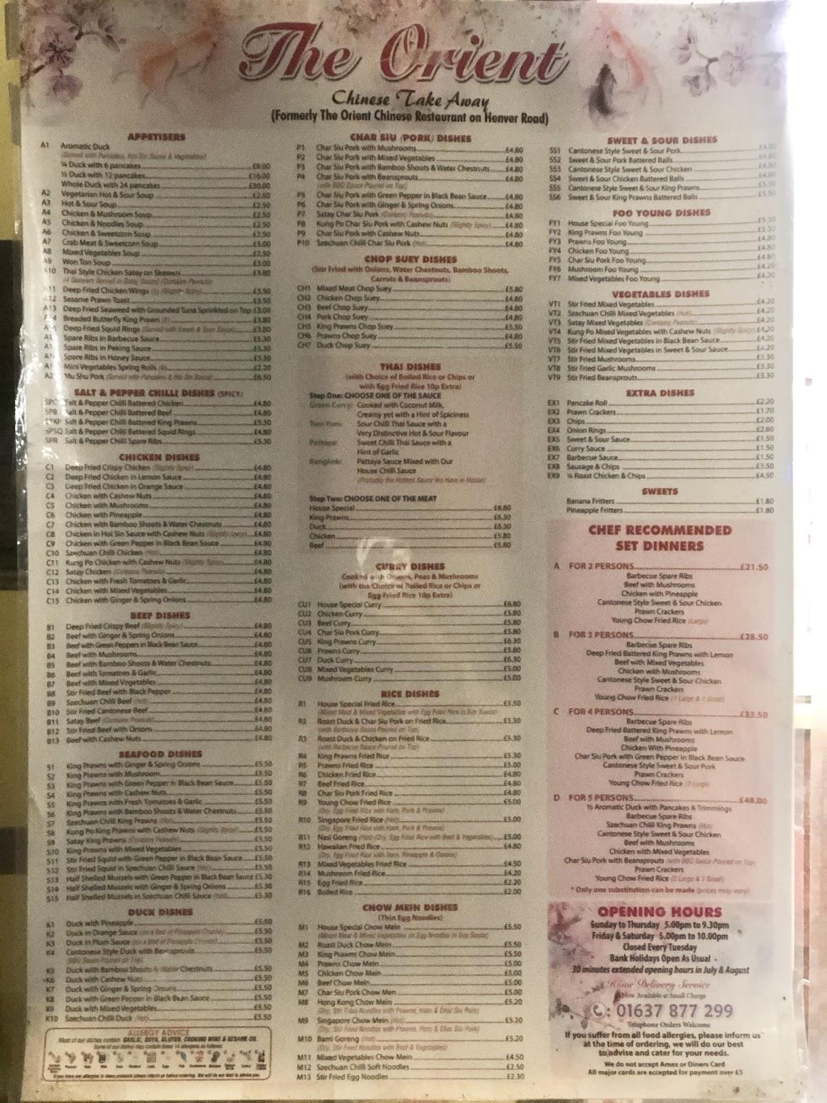 Menu at The Orient fast food, Newquay, 1 Station Approach