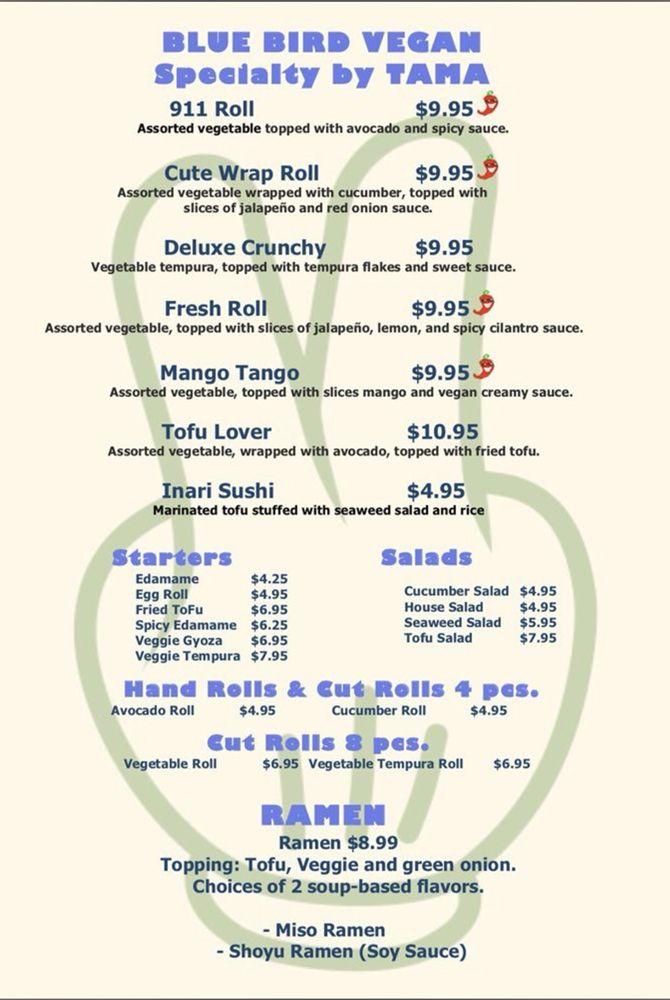 Menu at Blue Bird Sushi restaurant, Long Beach