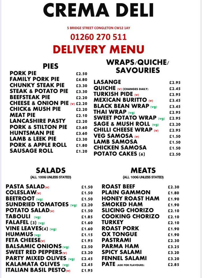 Menu at Crema Deli cafe, Congleton