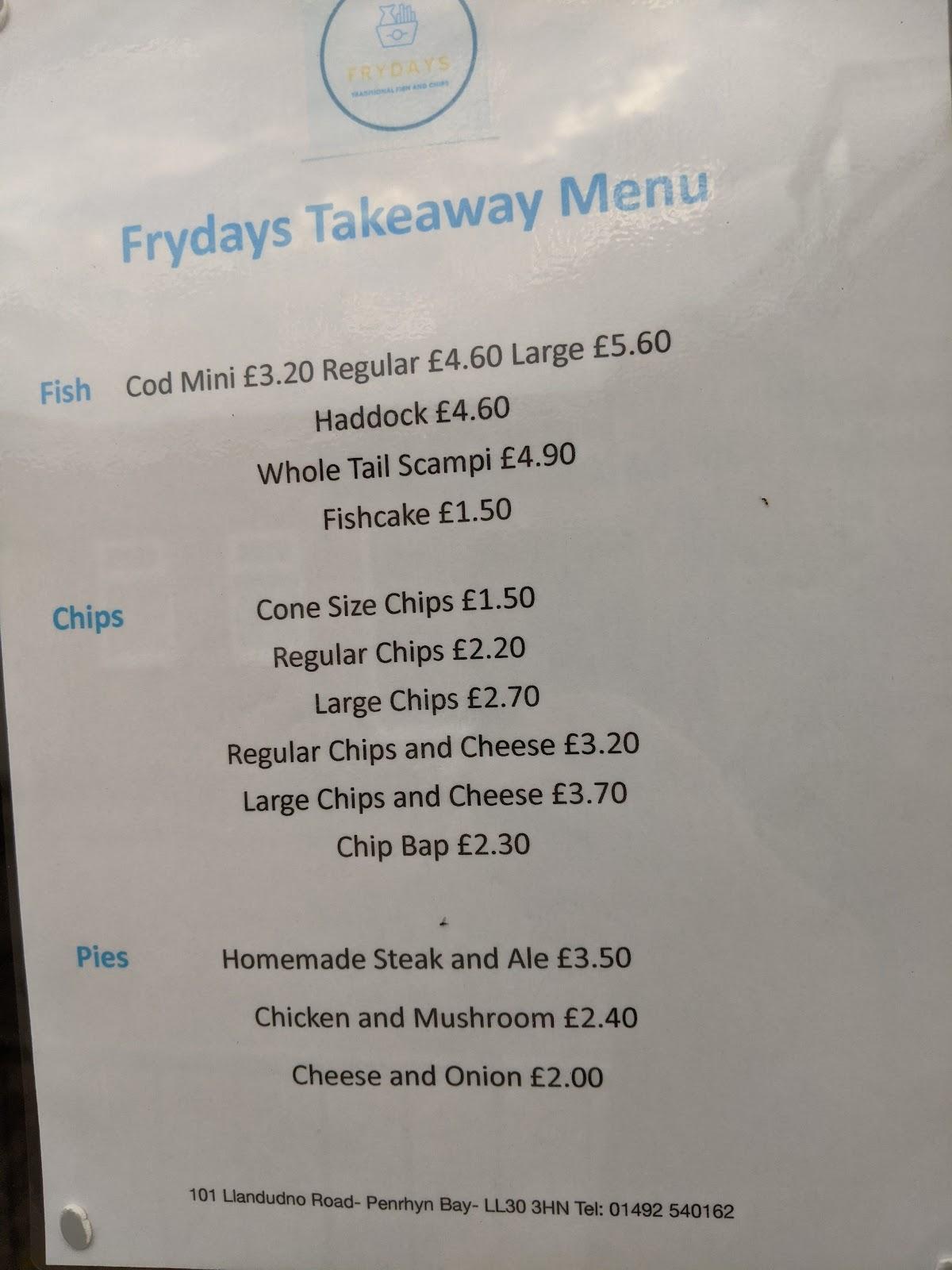 Menu at Frydays restaurant, Llandudno