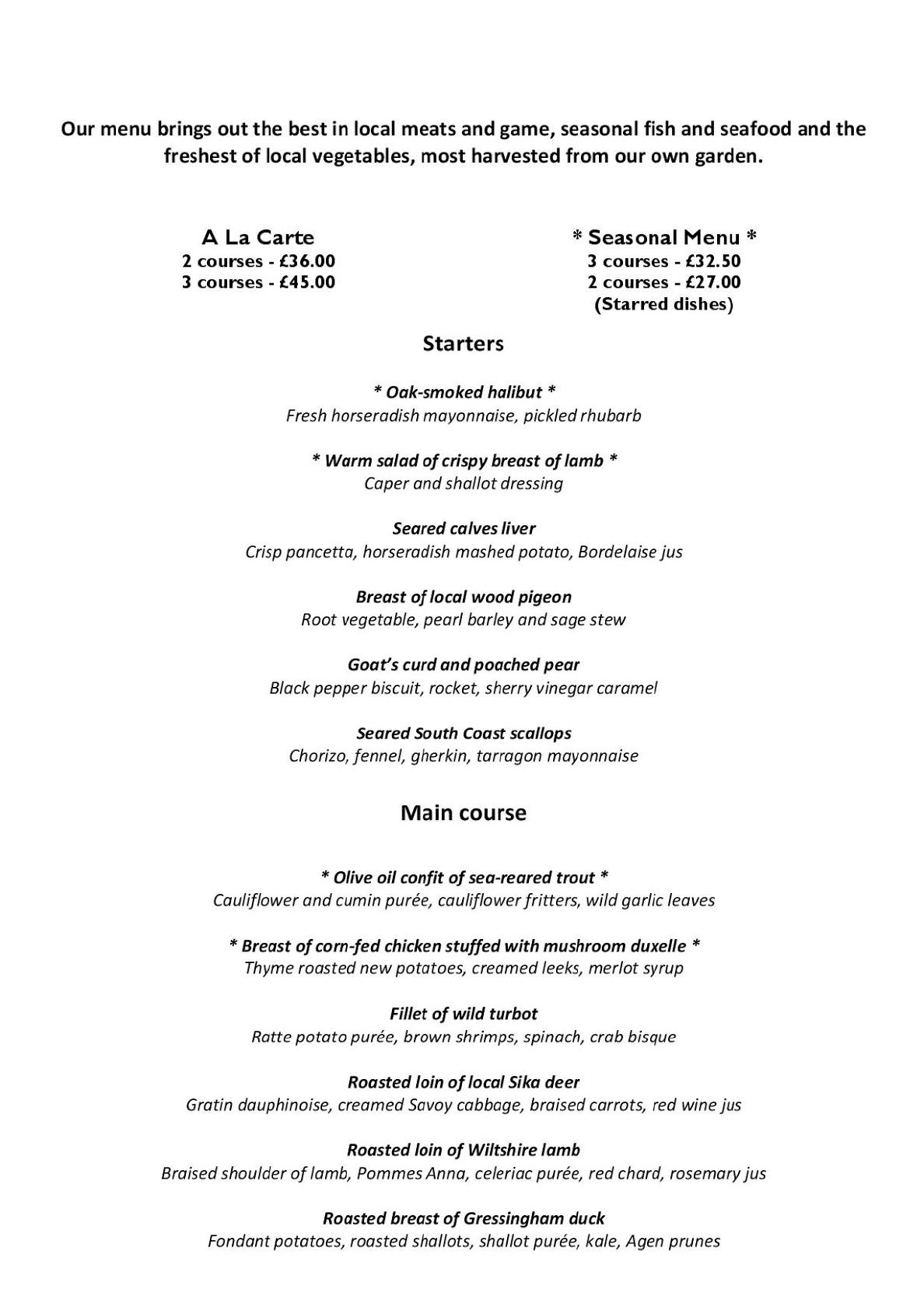 Menu at Teffont House Hotel restaurant, Tisbury