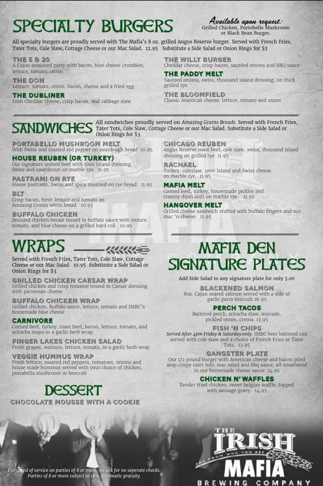 Menu at Irish Mafia Brewing pub & bar, Bloomfield