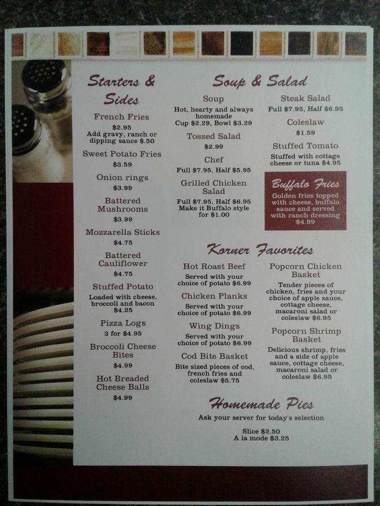 Menu at The Korner Restaurant, Rimersburg, 626 Lawsonham Rd