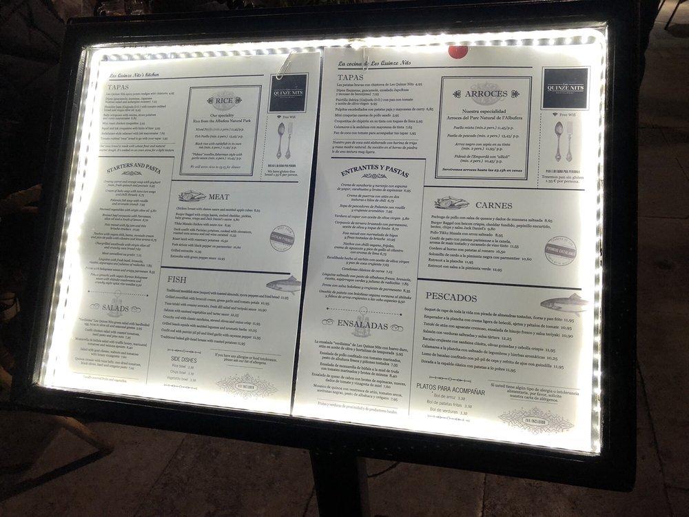 Menu at Les Quinze Nits restaurant, Barcelona