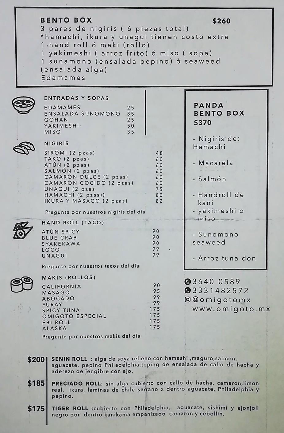 Menu at Omigoto restaurant, Guadalajara