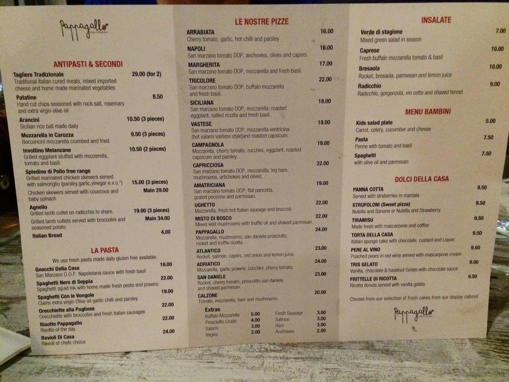 Menu at Pappagallo pizzeria, Leederville