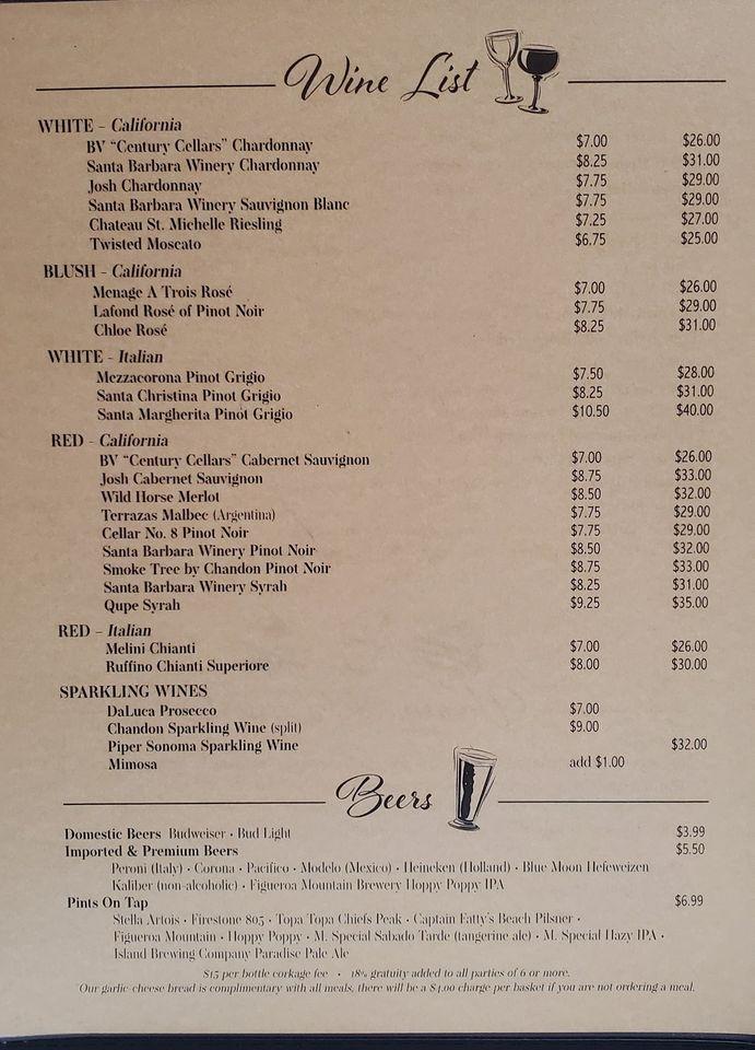 Menu at Pascucci restaurant, Santa Barbara