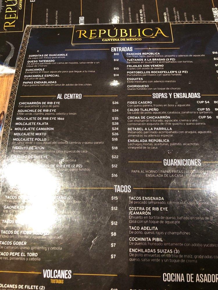 Menu at República cantina de México restaurant, Laredo