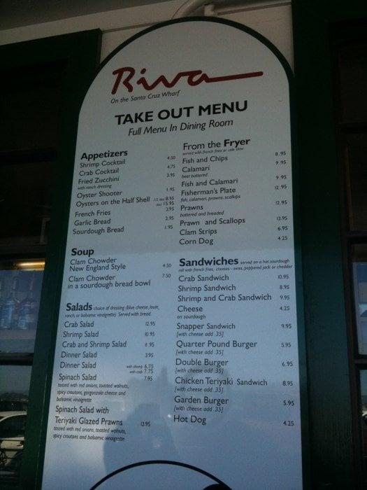 Menu at Riva Fish House restaurant, Santa Cruz