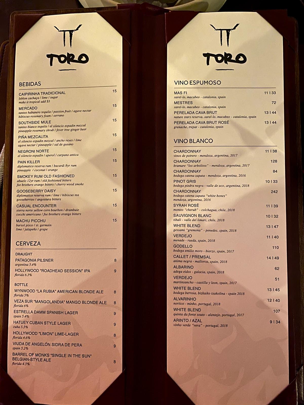 Carta del restaurante TORO Latin Kitchen & Tequila Library, Dania Beach