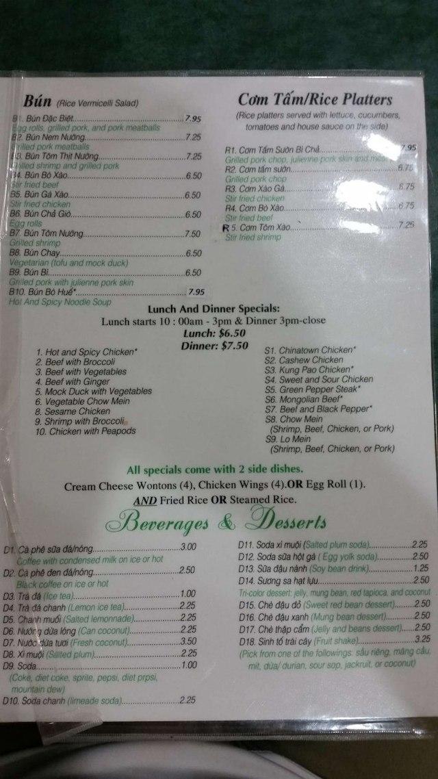 Menu at Tay Ho restaurant, Saint Paul