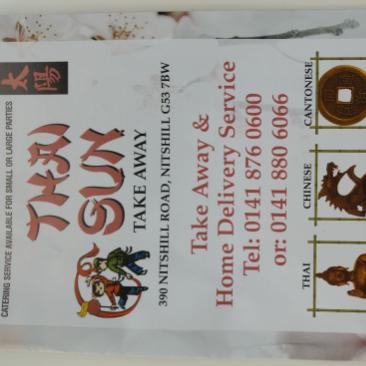 Menu at Thai Sun Chinese Takeaway fast food, Glasgow