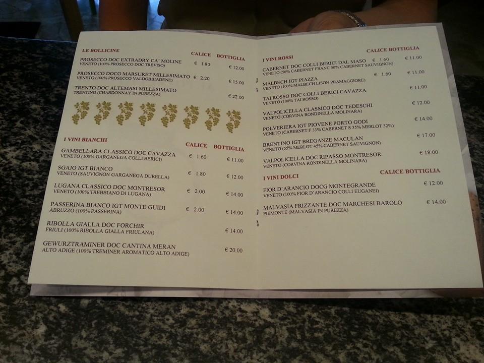 Menu at Trattoria Al Pozzetto pub & bar, Caldogno