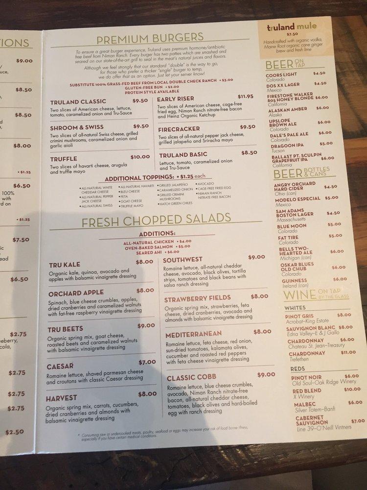 Menu at Truland Burgers & Greens Tucson pub & bar, Tucson
