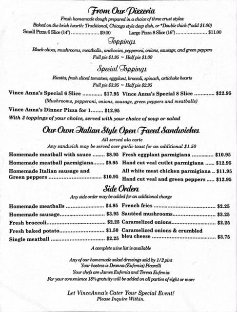 Menu at Vince Anna's Restaurant (Reservations Required), Greenville