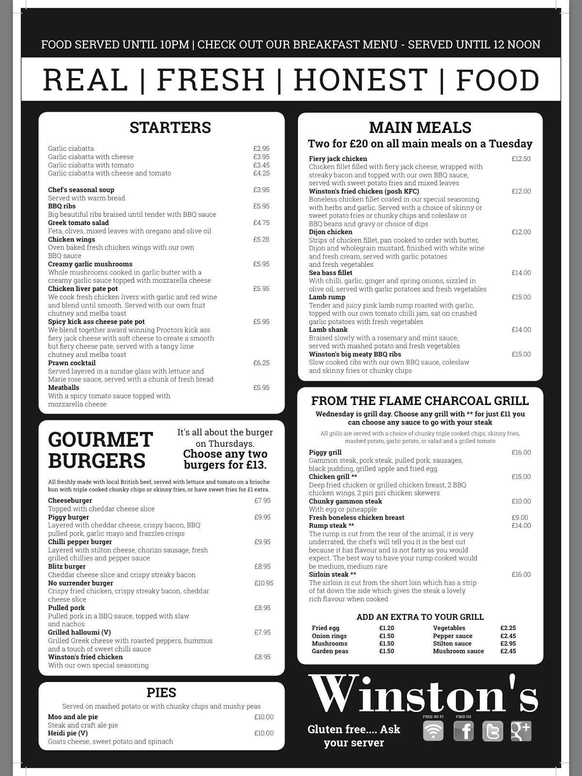 Menu at Winstons Bistro & Bar, Blackpool, 74 - 78 Highfield Rd