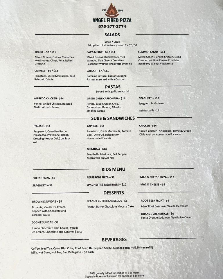 Menu at Angel Fired Pizza pub & bar, Angel Fire