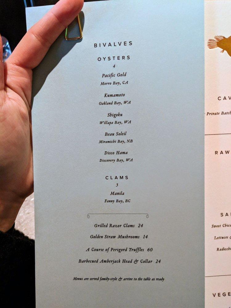 Menu at Angler steakhouse, San Francisco