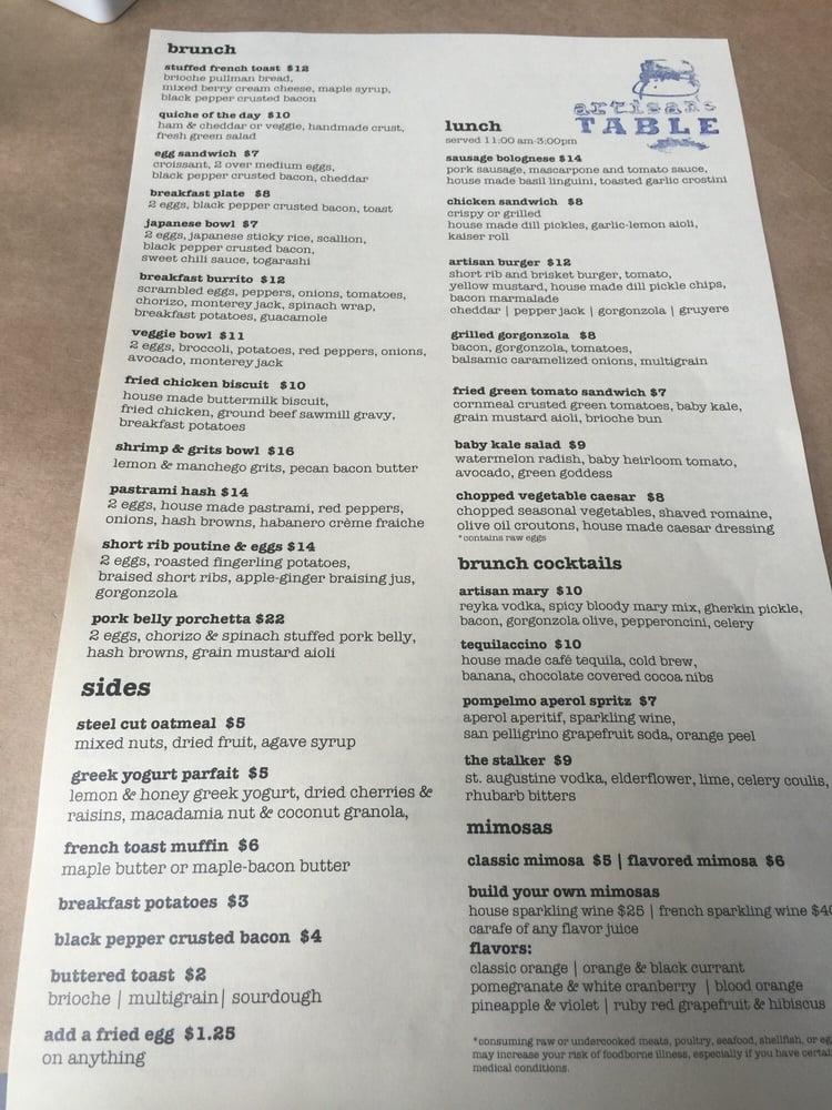 Menu at Artisan's Table restaurant, Orlando