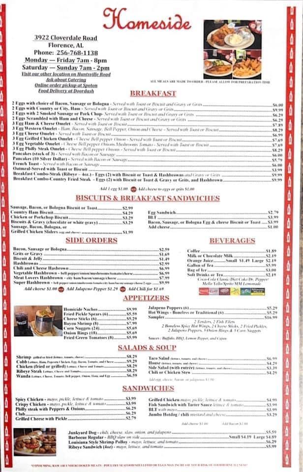 Menu at Homeside Restaurant - Cloverdale Rd., Florence, Cloverdale Rd