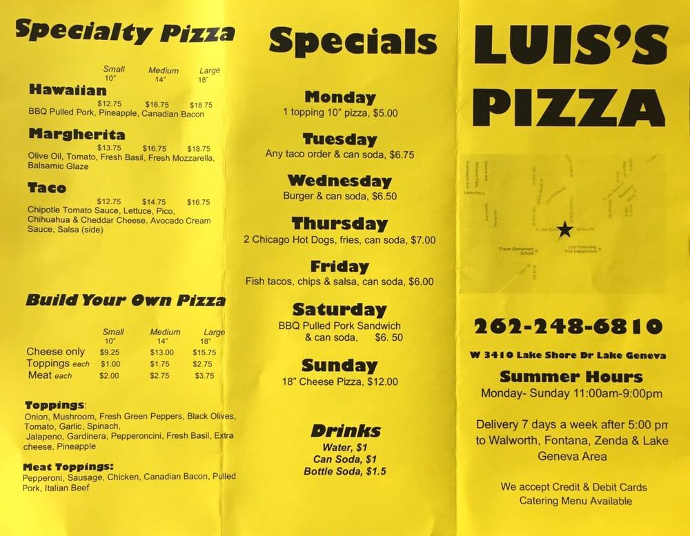 Menu at Luis's Pizza pizzeria, Lake Geneva