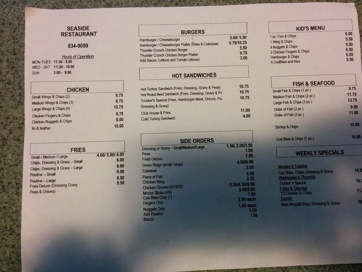 Menu at Seaside Restaurant, Conception Bay South