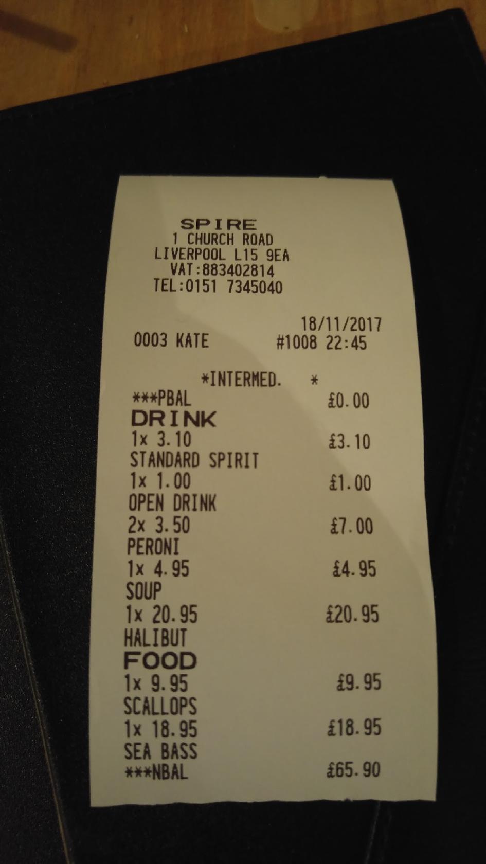 Menu at Spire restaurant, Liverpool