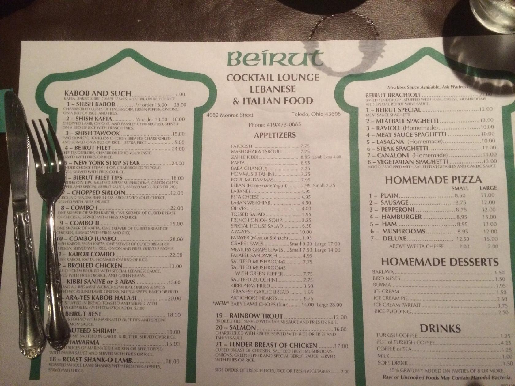 Carta de pizzería The Beirut, Toledo