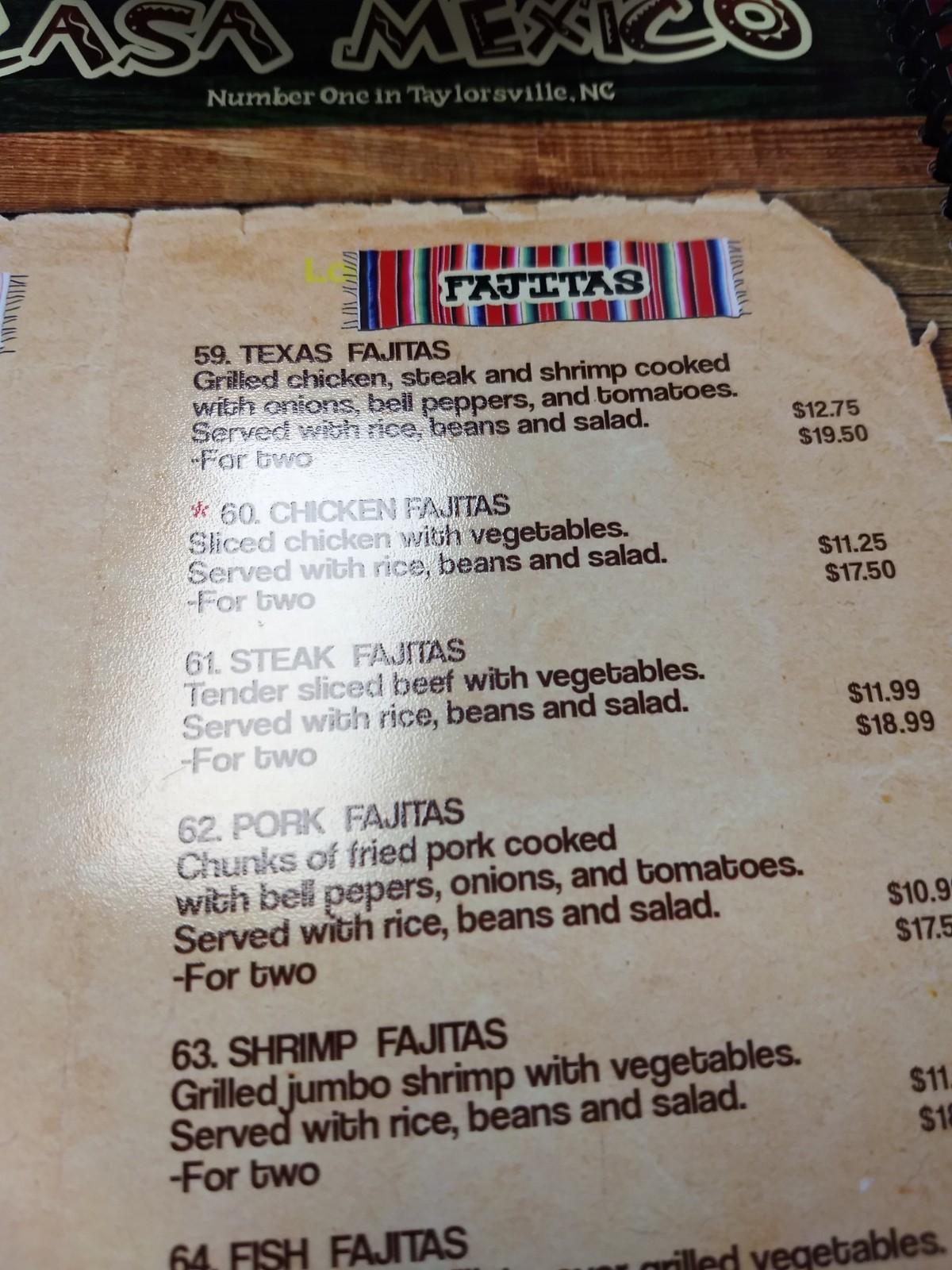 Menu at Casa Mexico restaurant, Township of Taylorsville