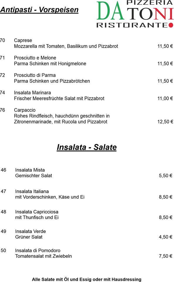 Speisekarte von Da Toni pizza, Schömberg