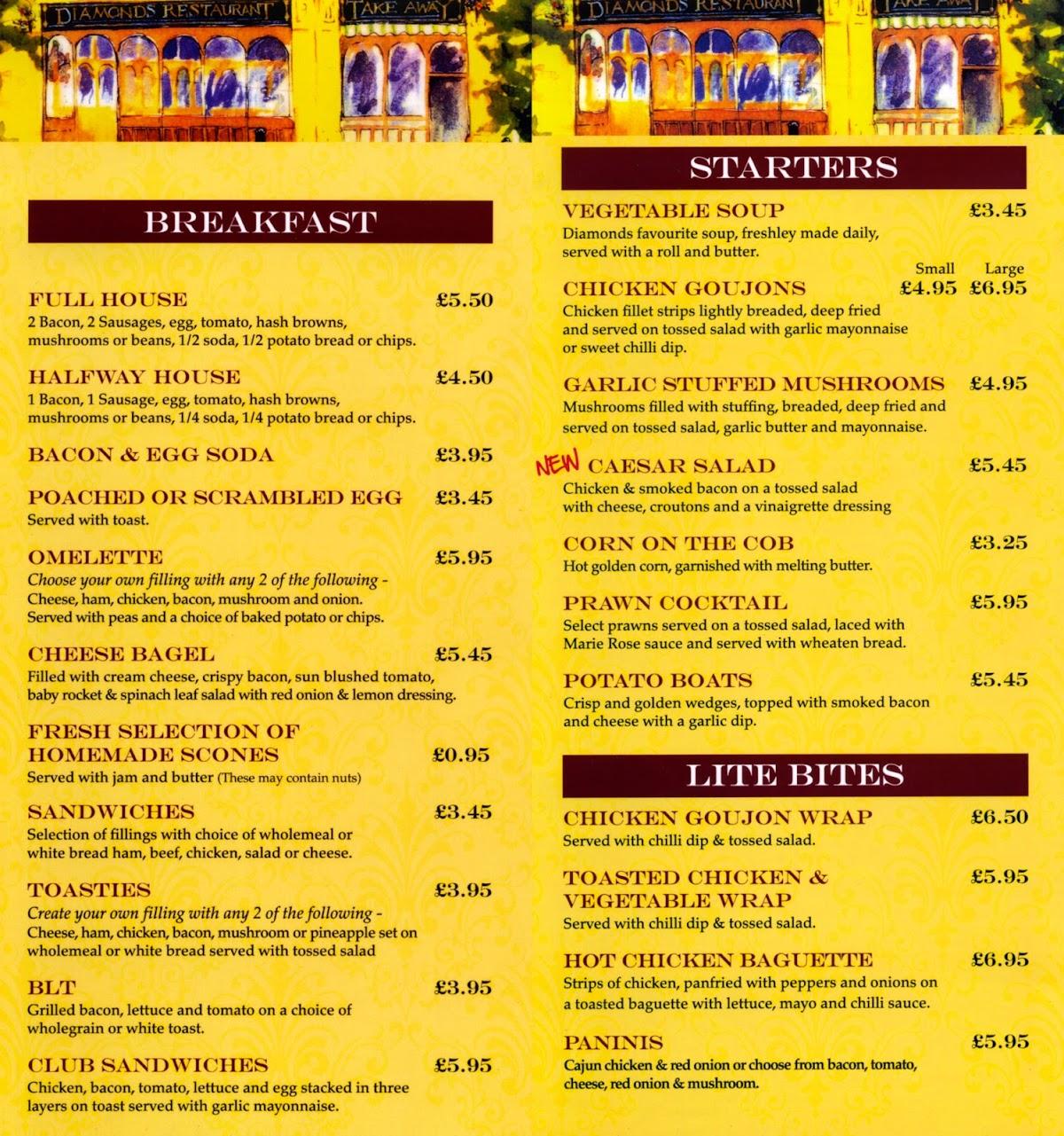 Menu at Diamonds Restaurant, Warrenpoint