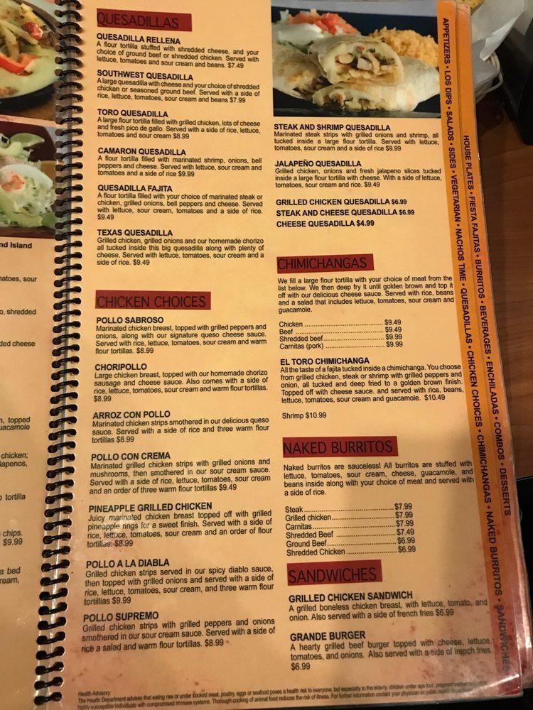 Menu at El Toro restaurant, Brownsburg, E Main St