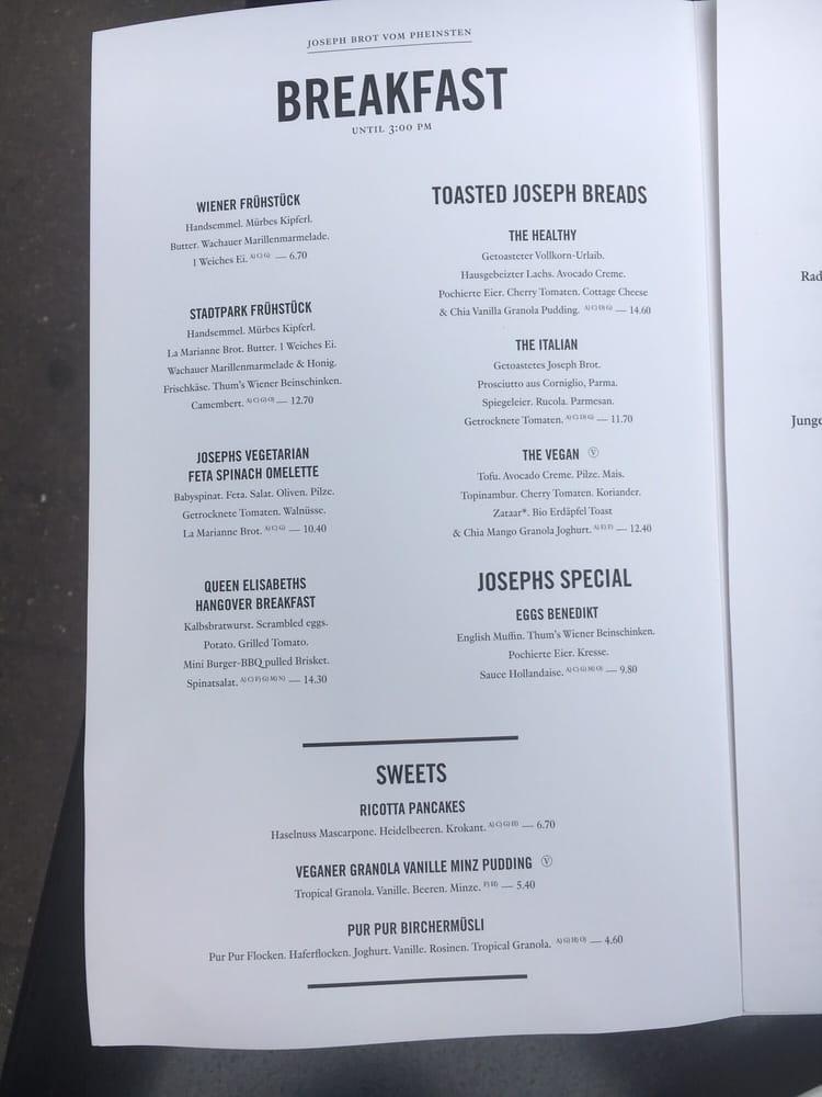 Menu at Joseph Brot cafe, Vienna, Landstraßer Hauptstraße 4