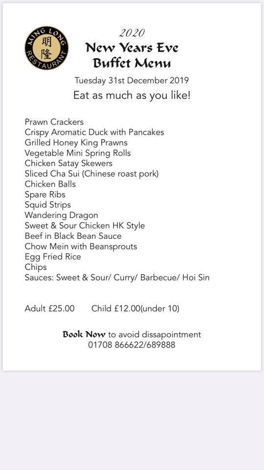 Menu at Ming Long Chinese Restaurant & Takeaway, South Ockendon