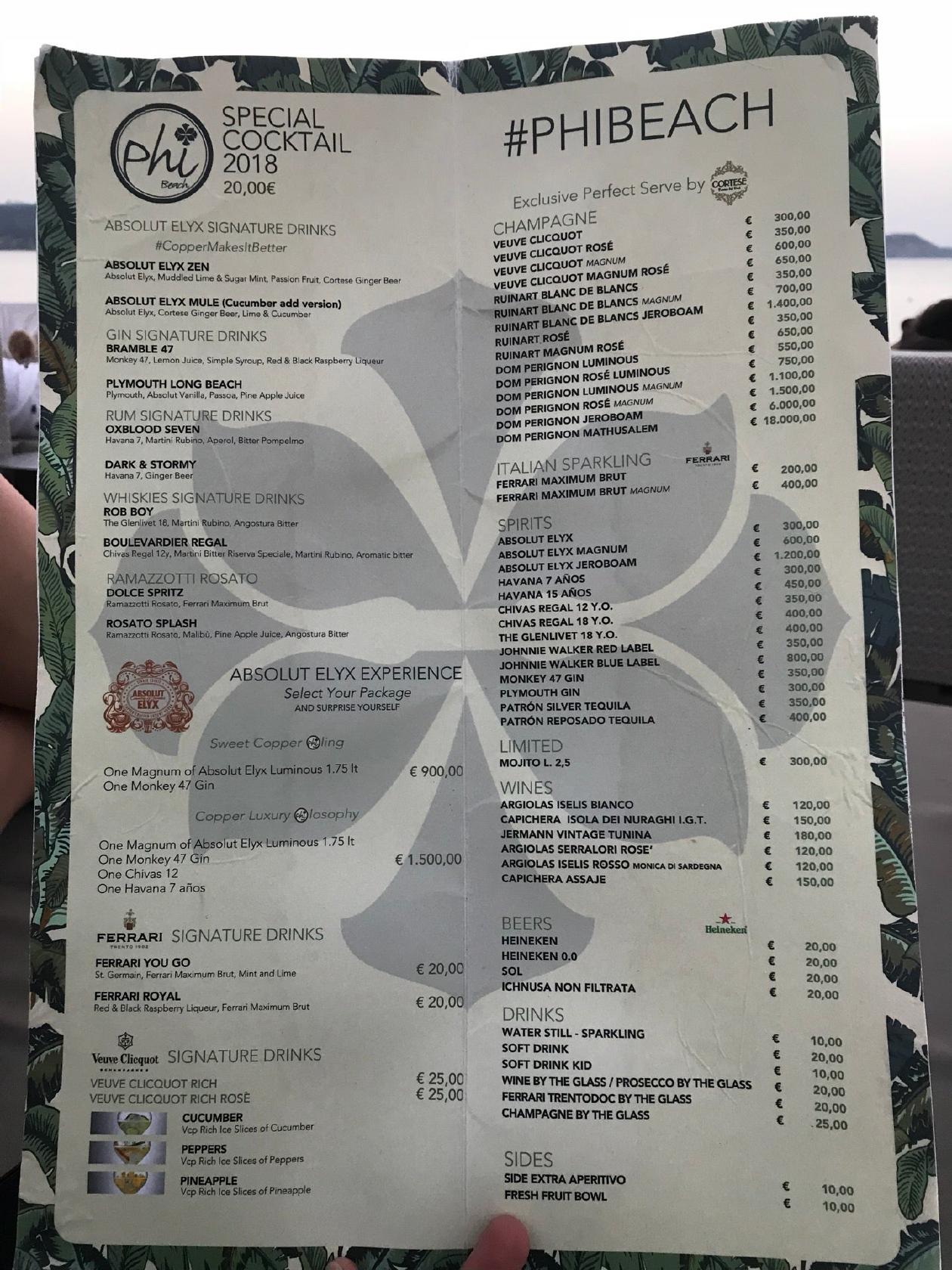 Menu at Phi Beach restaurant, Baja Sardinia