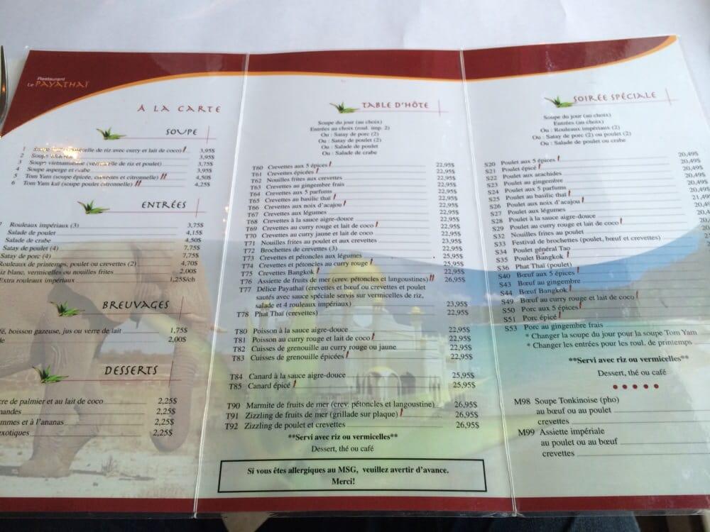 Menu au Paya Thai restaurant, Québec