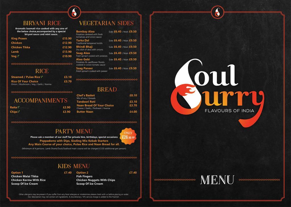 Menu at Soul Curry restaurant, Yarm