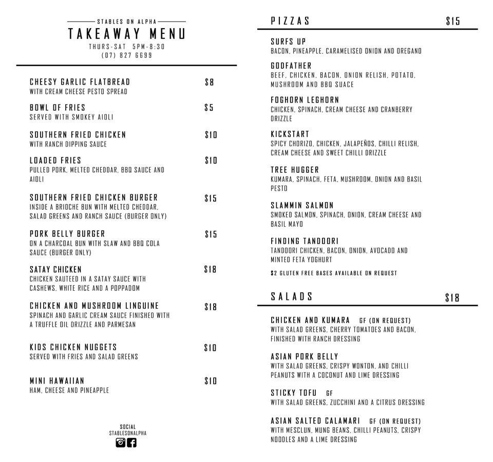 Menu at Stables on Alpha restaurant, Cambridge