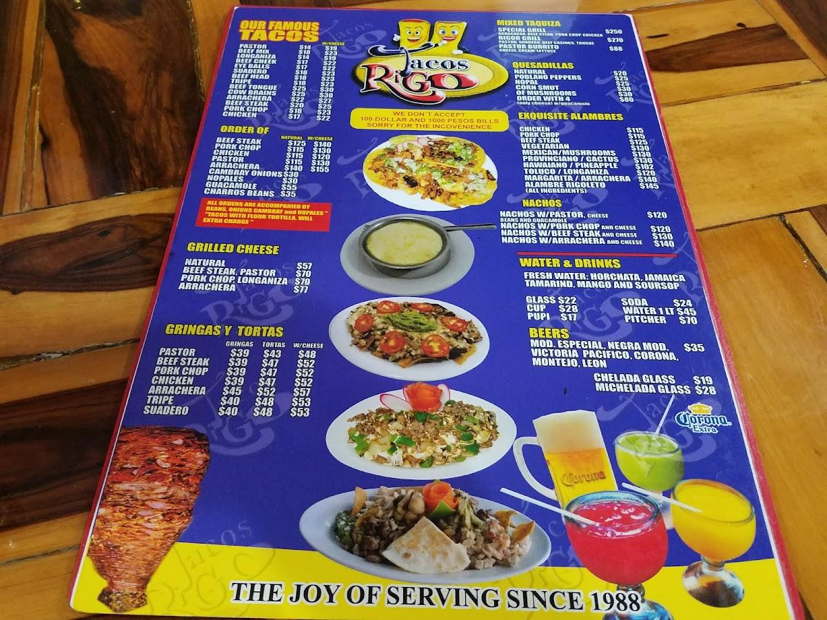 Carta del restaurante Tacos Rigo, Cancún, Playa 50 ‎ Cancun Centro Off ...